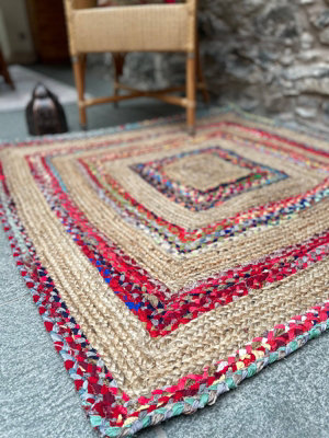 FIESTA Square Rug and Multi Colour Recycled Fabric - Jute - L150 x W150 ...