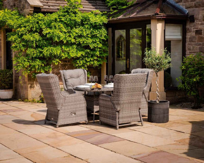 Fiji 4 Reclining Rattan Garden Dining Chairs with Round Table in Grey