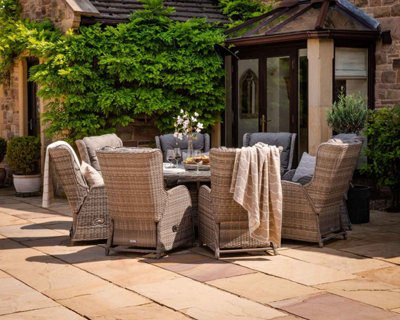 Fiji 8 Reclining Rattan Garden Dining Chairs with Large Round Table and ...