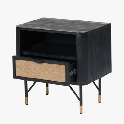 Fiji Black Acacia Wood and Natural Rattan Bedside Table with Drawer