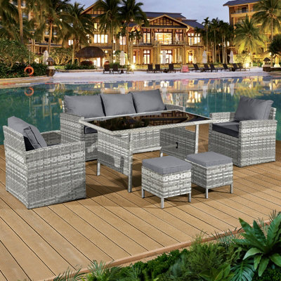 Fiji Rattan 7 Seat Lounge Dining Set in Dove Grey