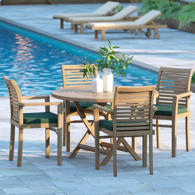 Fiji Teak Garden Outdoor Dining Table & 4 Seat Chair Set - With Green ...