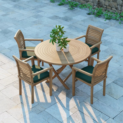 Fiji Teak Garden Outdoor Dining Table & 4 Seat Chair Set - With Green ...