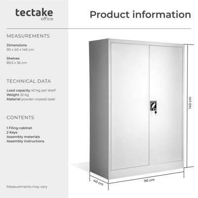 Filing Cabinet - 4 adjustable shelves, lockable, 140 x 90 x 40 cm - 1 ...