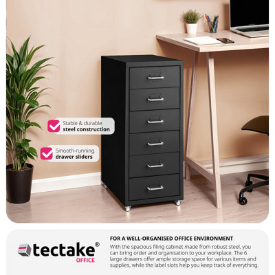 Filing Cabinet - made of steel, 4 wheels, 6 drawers, label holders ...