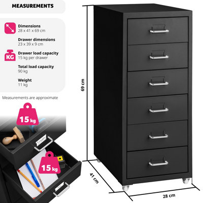 Filing Cabinet - made of steel, 4 wheels, 6 drawers, label holders ...