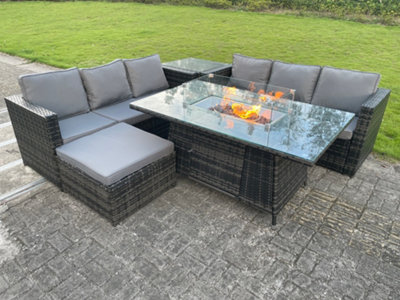 Fimous Outdoor Rattan Garden Furniture Gas Fire Pit Dining Table Sets ...