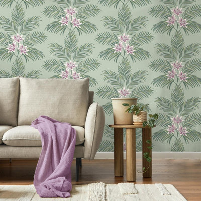 Fine Decor Bali Floral Palm Tropical Leaves Mint Green Wallpaper FD43278