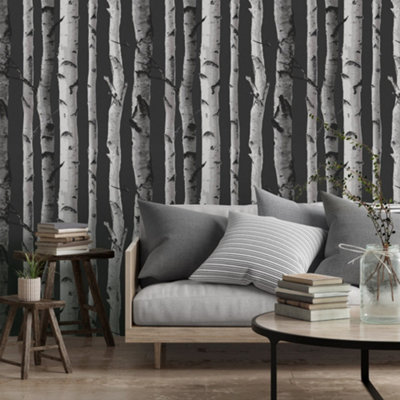 Fine Decor Birch Trees Wallpaper - Black and Silver