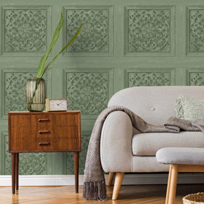 Fine Decor Carved Wood Panel Effect Sage Green Wallpaper FD43276