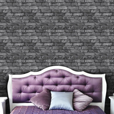 Fine Decor Distinctive Brick Charcoal & Black Wallpaper FD31284