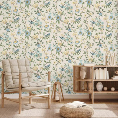 Fine Decor Eleanor Floral Birds Natural Wallpaper Flowers Botanical ...