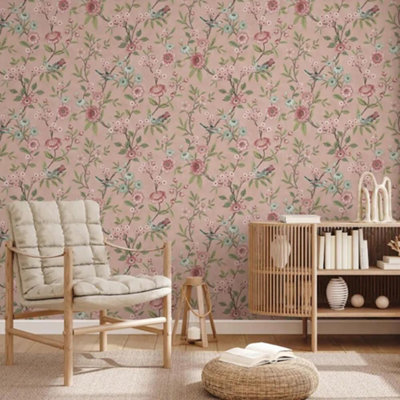 Fine Decor Eleanor Floral Birds Pink Wallpaper Flowers Botanical ...