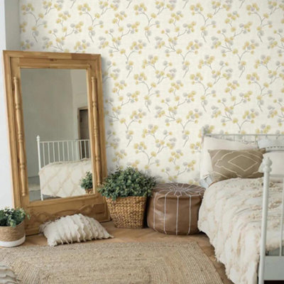 Fine Decor Kira Trail Mustard Grey Wallpaper Modern Contemporary ...