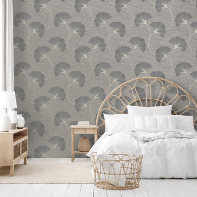Fine Decor Miya Ginko Leaf Grey Wallpaper FD43149