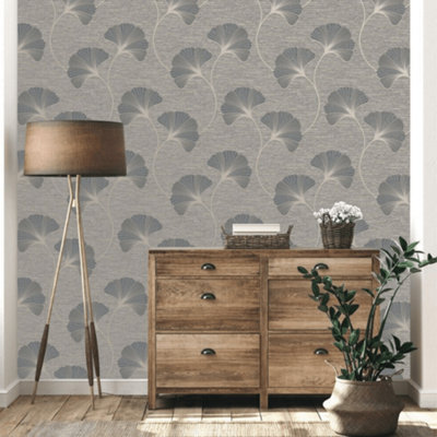 Fine Decor Miya Ginko Leaf Grey Wallpaper FD43149