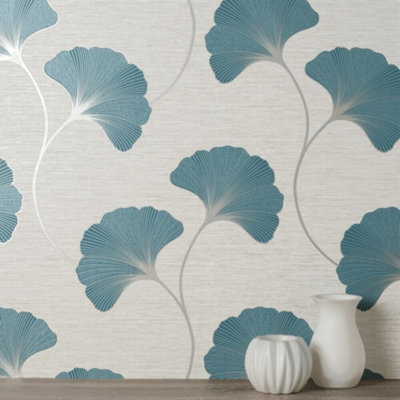 Fine Decor Miya Ginko Leaf Teal Green Wallpaper FD43151