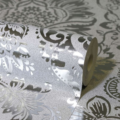 Fine Decor Platinum Foil Damask Silver Metallic Wallpaper FD42562