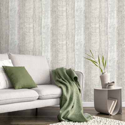 Fine Decor Rustic Wood Stripe Soft Grey Wallpaper Paste The Paper ...