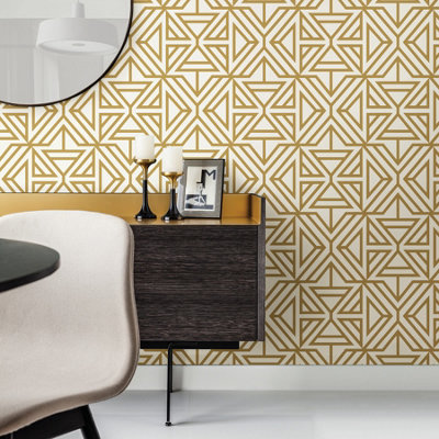 Fine Decor SP87330 Helios Geometric Fabric Flock Wallpaper, Mustard