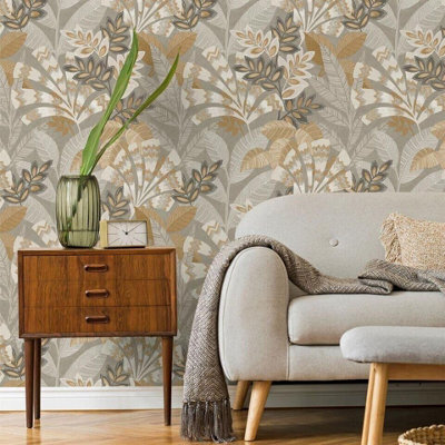 FINE DECOR TEXTURED ASHA WARM STONE OLD GOLD CROWN WALLPAPER M1738