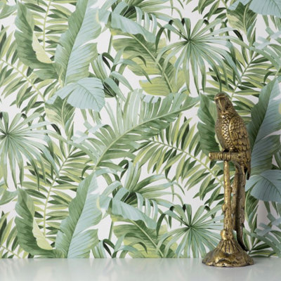 Fine Decor Tropical Palm Jungle Maui Leaf Green / Natural Wallpaper FD42850