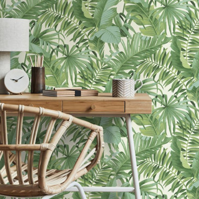 Fine Decor Tropical Palm Jungle Maui Leaf Green / Natural Wallpaper FD42850