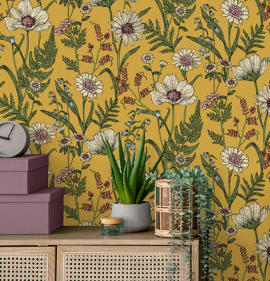 Fine Decor Wild Meadow Mustard Wallpaper FD43336