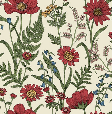 Fine Decor Wild Meadow Red Wallpaper FD43335