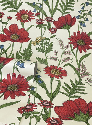 Fine Decor Wild Meadow Red Wallpaper FD43335