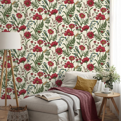 Fine Decor Wild Meadow Red Wallpaper FD43335