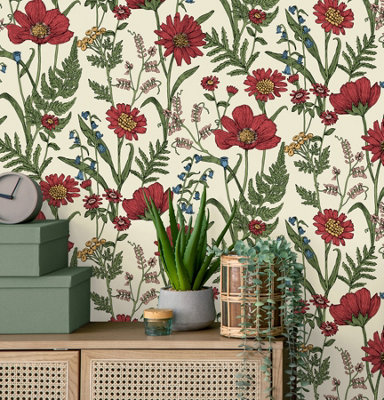 Fine Decor Wild Meadow Red Wallpaper FD43335