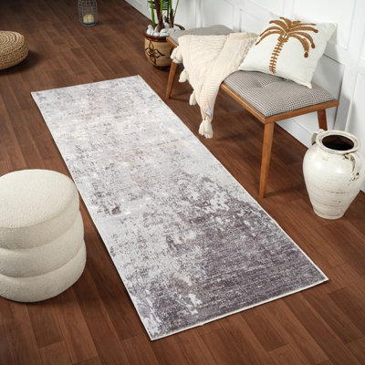 FIONA Abstract Modern Marble Silver Grey Runner Rug 200 x 290 cm
