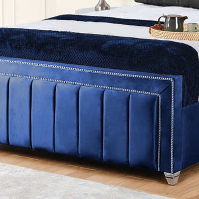 Fiona Blue Plush Valvet Upholstered Bed Frame - Slatted Base with 10 ...