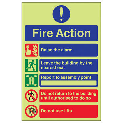 Fire Action 5 Message Safety Sign - Glow in the Dark - 200x300mm (x3 ...