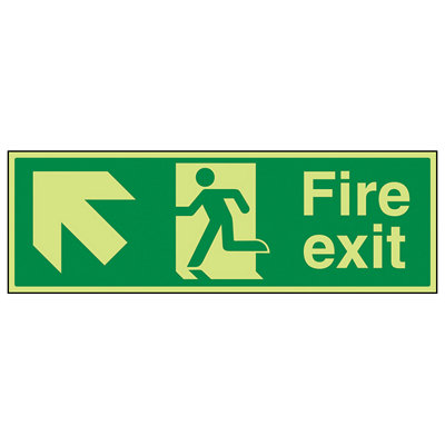 Fire Exit Arrow Up Left Safety Sign - Glow in Dark - 600x200mm (x3 ...