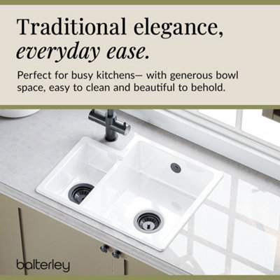 Fireclay 1.5 Bowl Right Hand Undermount Kitchen Sink & Overflow, 457mm ...