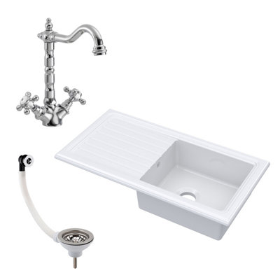 Fireclay 1 Bowl Inset Kitchen Sink & Drainer with Classic Tap, Basket ...