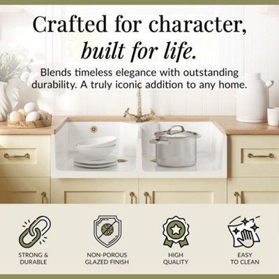 Fireclay 895mm Double Bowl Butler Kitchen Sink Bundle - 1 Tap Hole ...