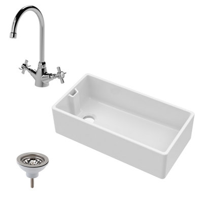 Fireclay Belfast Kitchen Sink w/ Overflow, 895mm 1 Bowl, Mono Sink ...