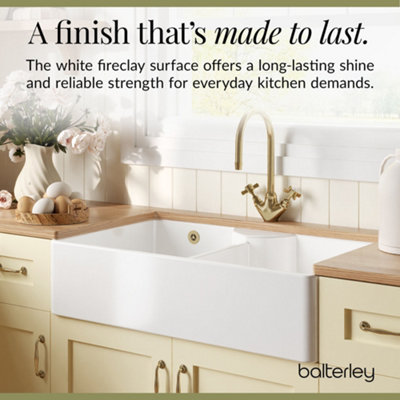 Fireclay Double Bowl Butler Sink Bundle - 895mm Stepped Weir with ...
