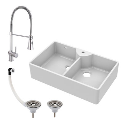 Fireclay Double Bowl Stepped Weir Butler Sink with Overflow, 1 Tap Hole ...
