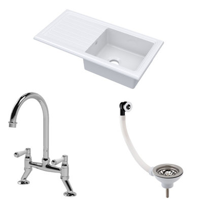 Fireclay Kitchen Bundle - 1 Bowl Sink & Drainer w/ Bridge Lever Mixer ...