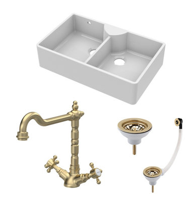 Fireclay Kitchen Bundle - 2 Bowl Stepped Weir Butler Sink, Wastes ...
