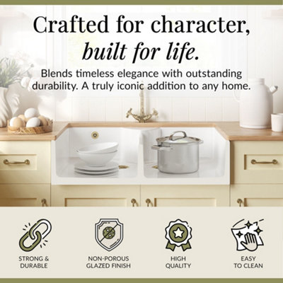 Fireclay Kitchen Bundle - 2 Bowl Stepped Weir Butler Sink, Wastes ...