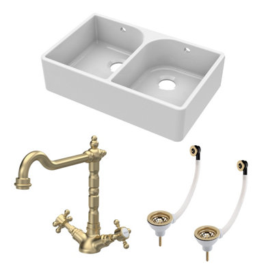 Fireclay Kitchen Bundle - Double Bowl Full Weir Butler Sink, Wastes ...