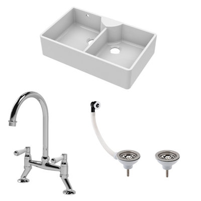 Fireclay Kitchen Bundle - Double Bowl Stepped Weir Butler Sink, Wastes ...