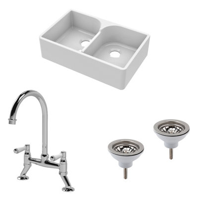 Fireclay Kitchen Bundle - Double Bowl Stepped Weir Butler Sink with ...