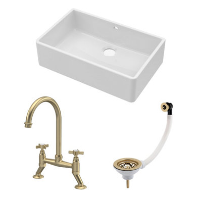 Fireclay Kitchen Bundle - Single Bowl Butler Sink with Overflow, Waste ...