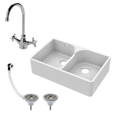 Fireclay Kitchen Sink - 795mm Double Bowl Butler with Stepped Weir ...